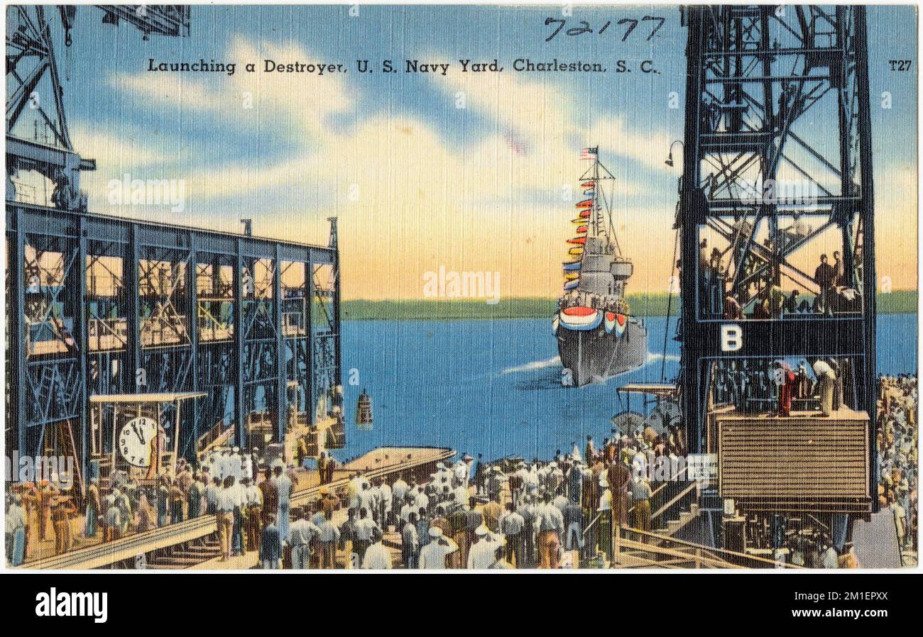 Launching a destroyer, U.S. Navy Yard, Charleston, S. C. , Military ...