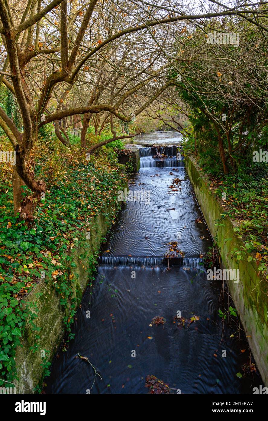 The Beck river with small waterfalls on a cold winter's day in Kelsey ...
