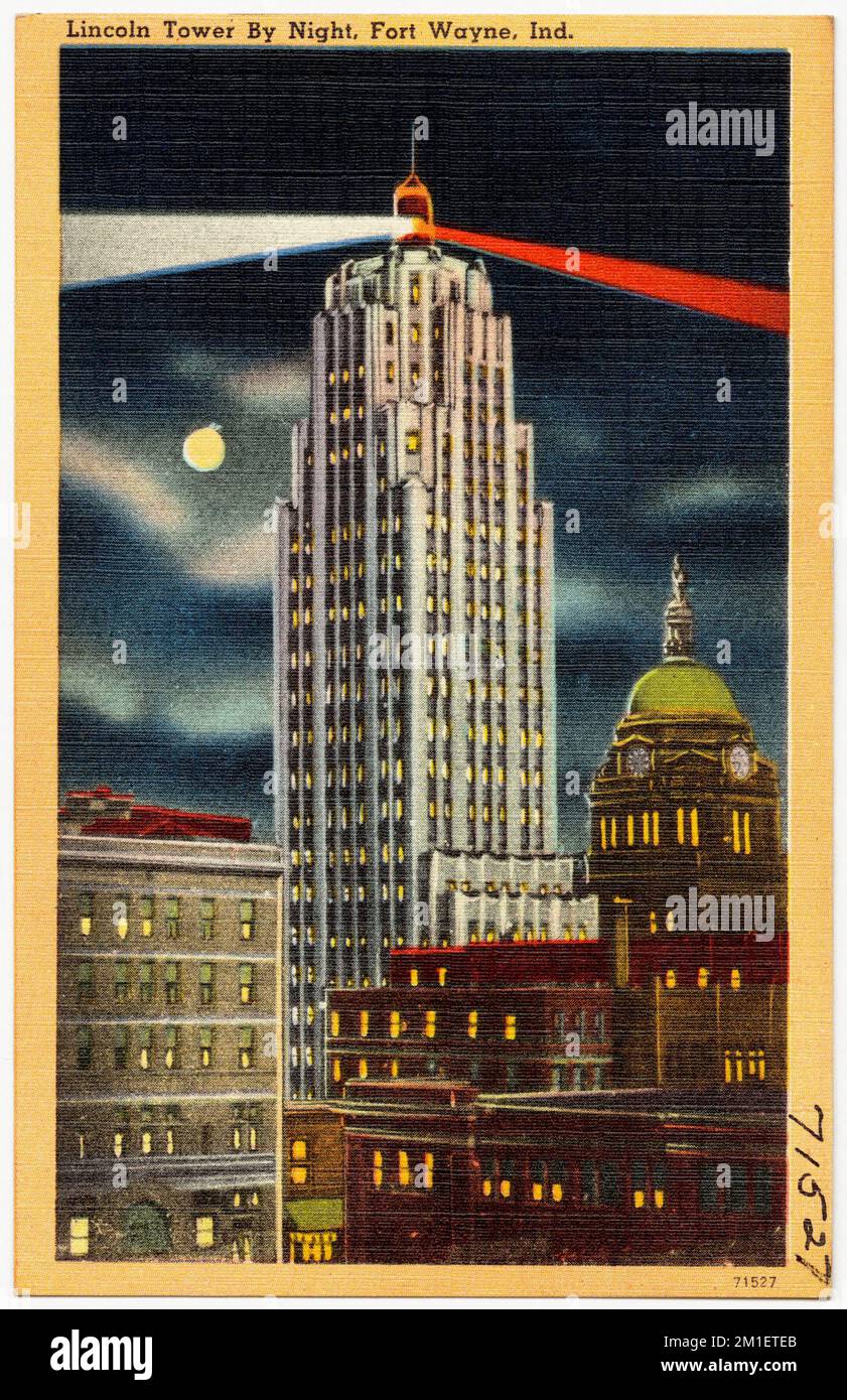 Lincoln Tower by night, Fort Wayne, Ind. , Skyscrapers, Tichnor ...