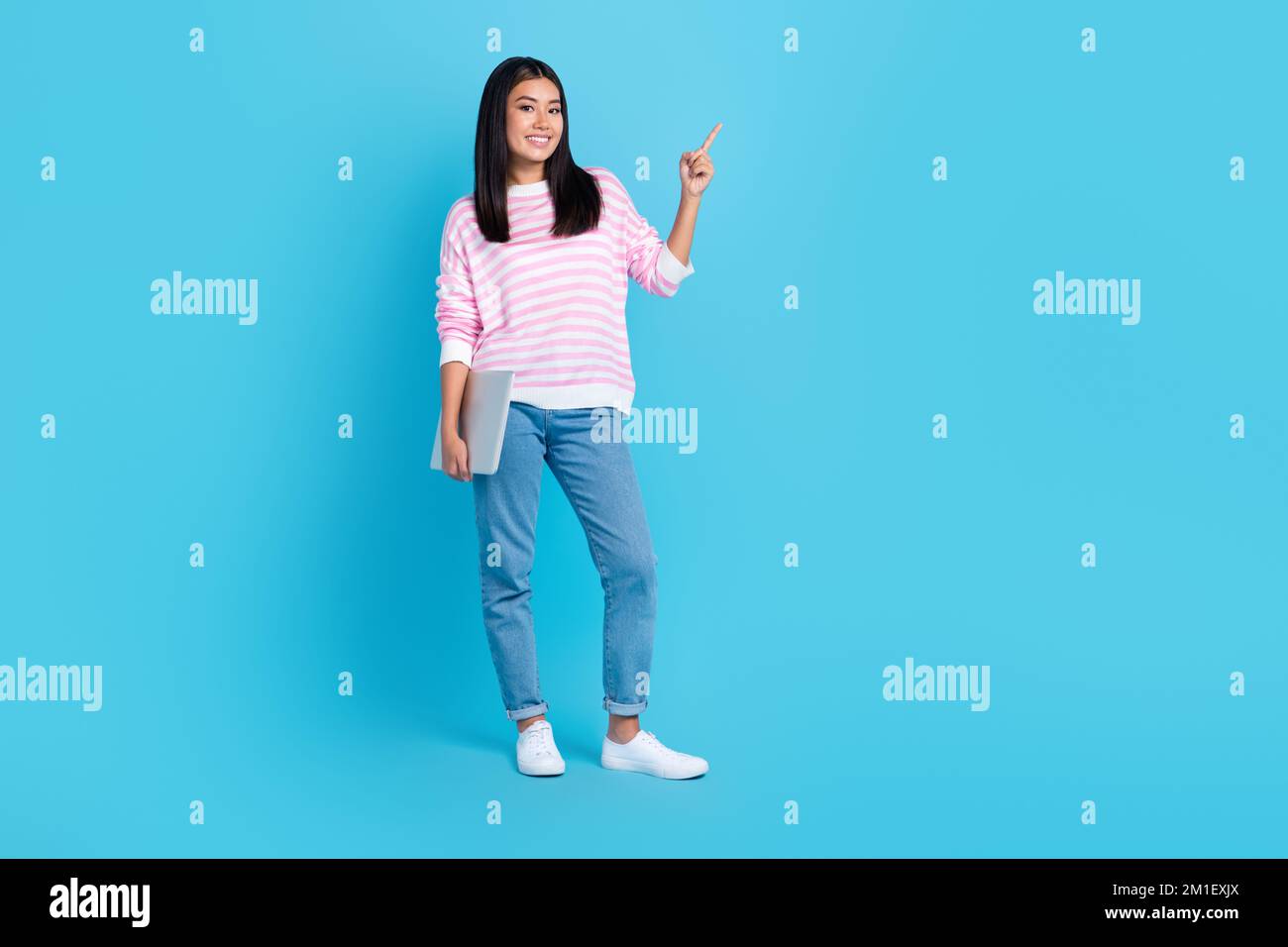 Full length photo of cheerful positive lady wear striped sweater ...