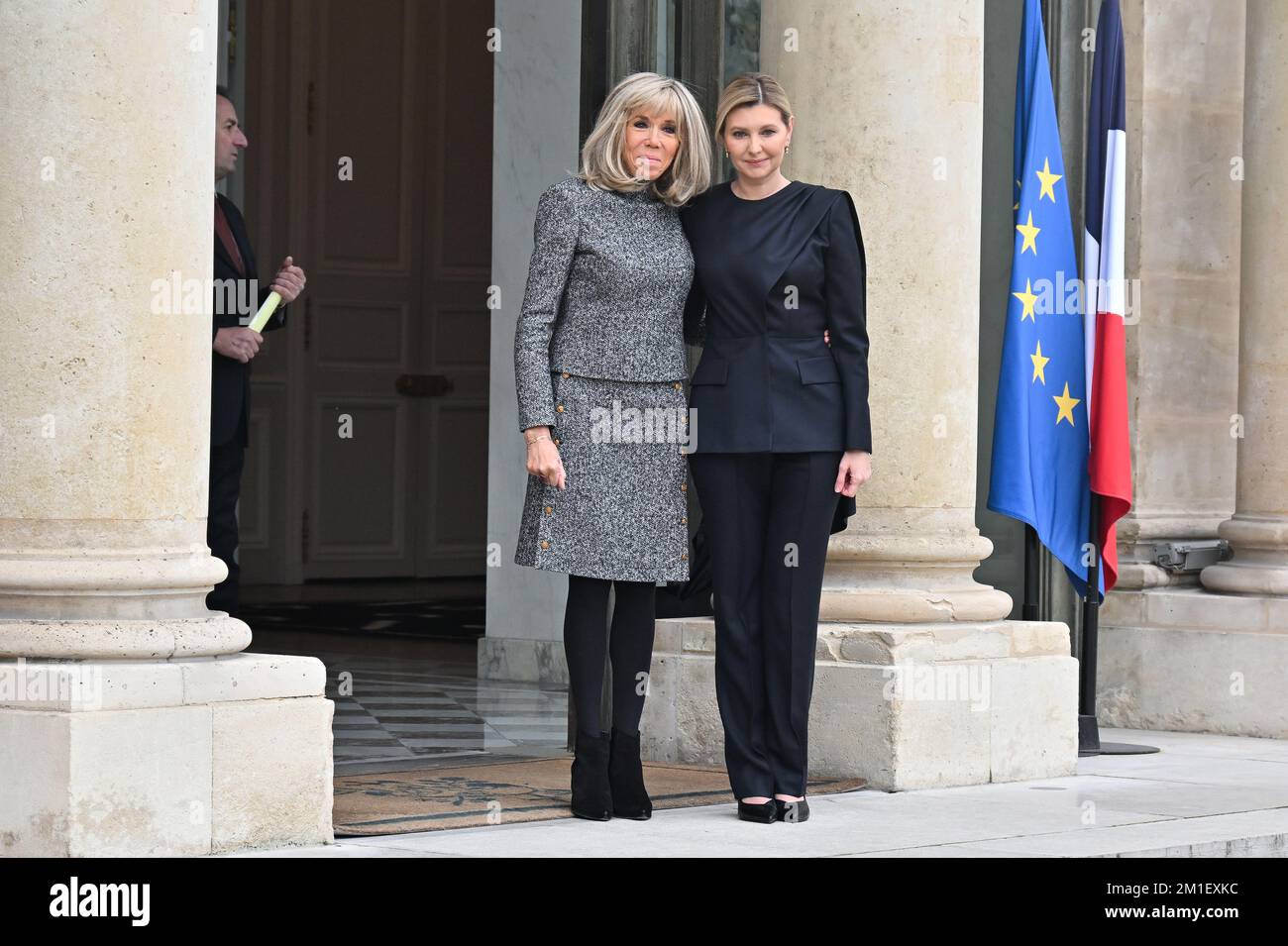 Mrs. Brigitte Macron welcomes Mrs Olena Zelenska in the main courtyard ...