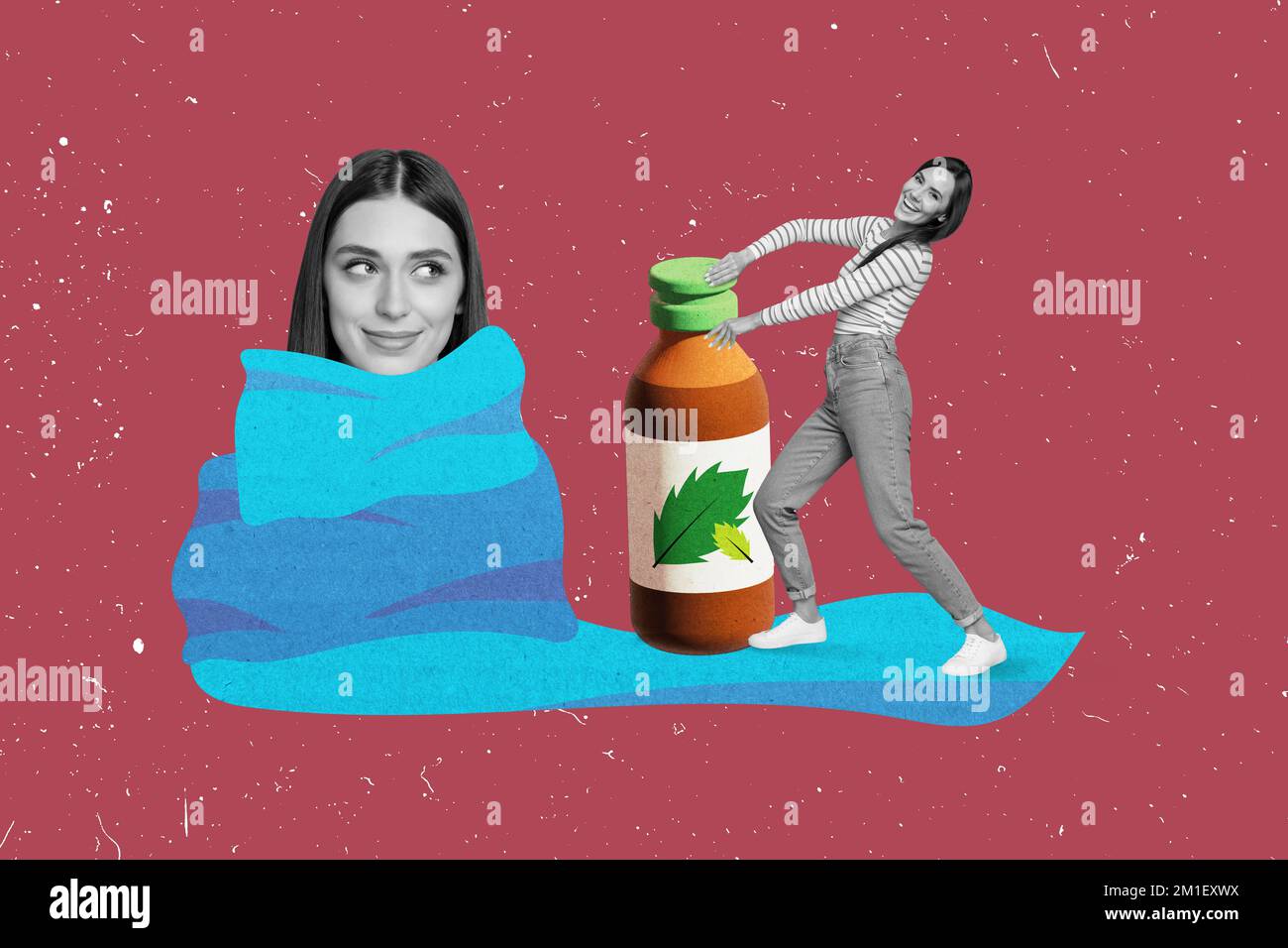 Collage picture of small positive girl open big cough syrup bottle ...