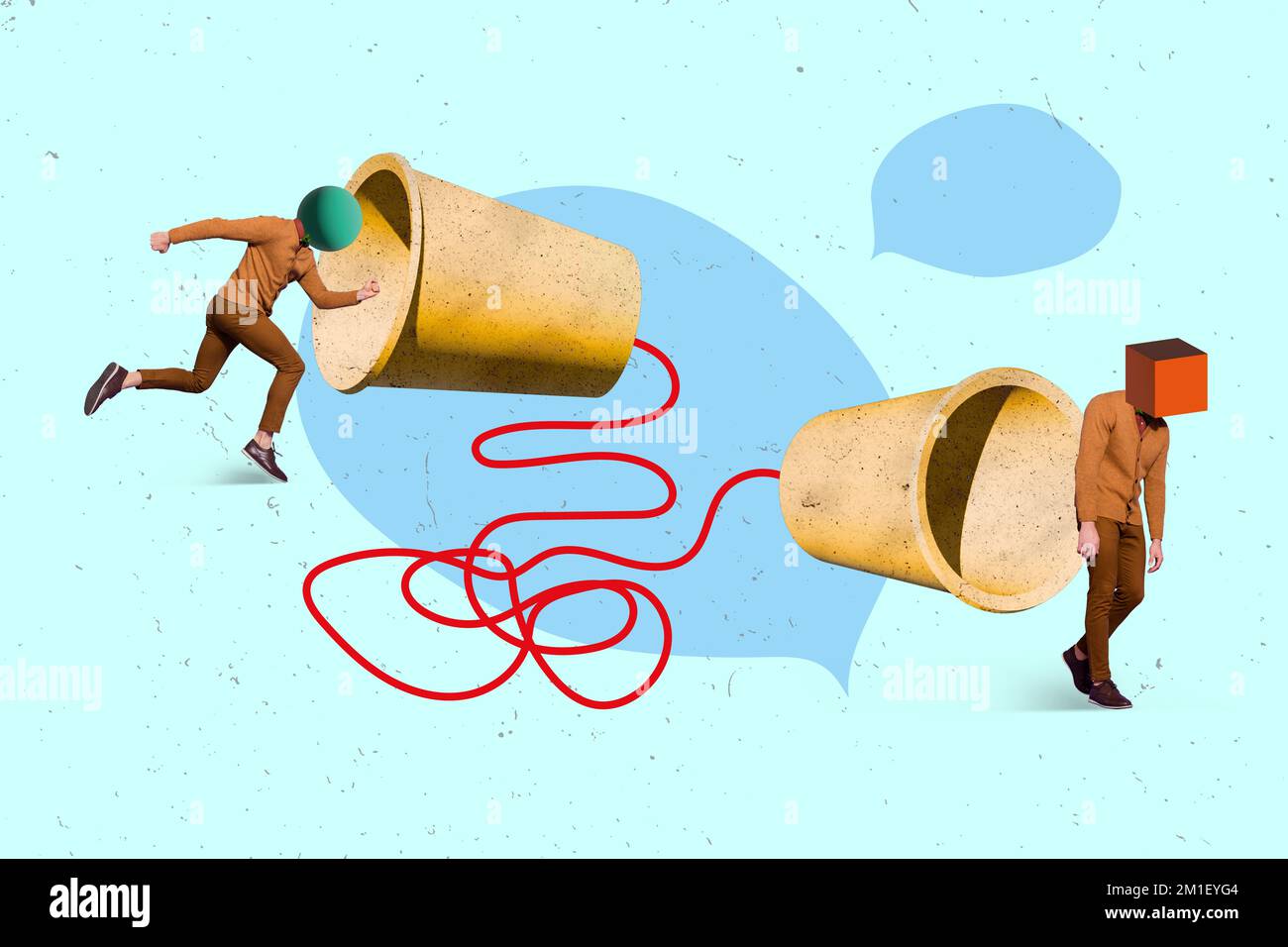 Creative collage image of two mini people plastic cup string connection ...