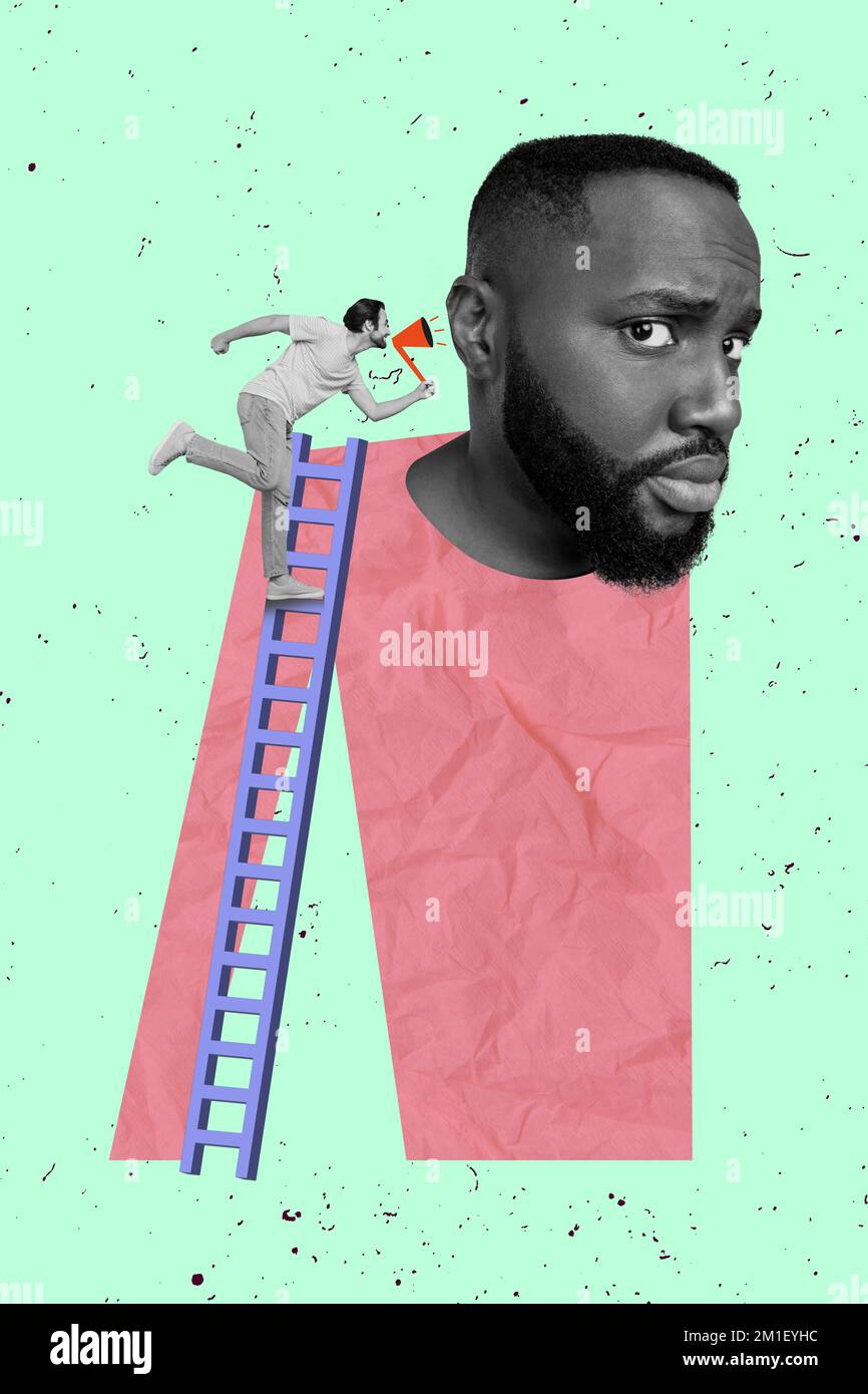 Vertical collage illustration of little man black white colors climb ...