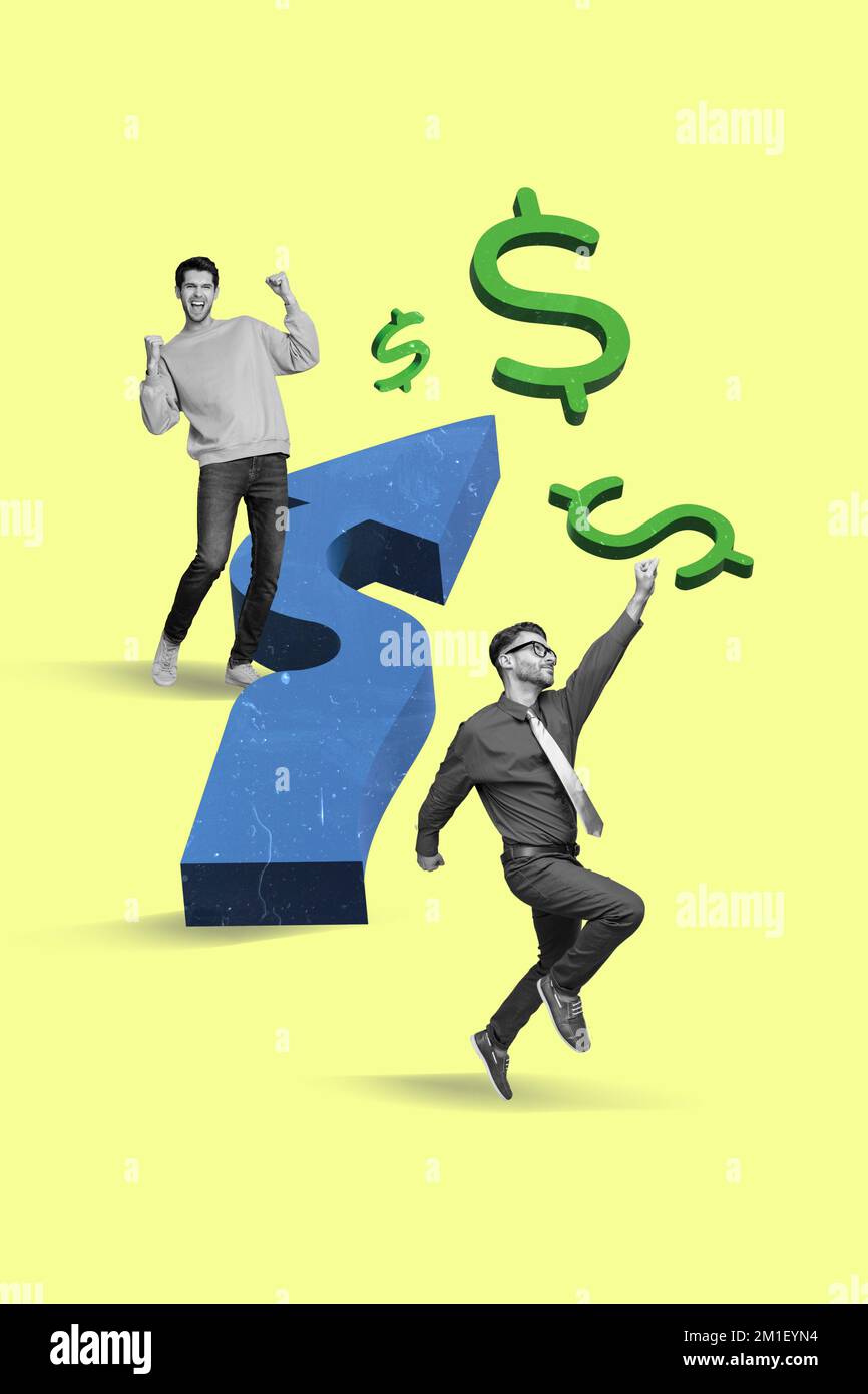 Collage photo banner of two funny jumping air guys businesspeople fists ...