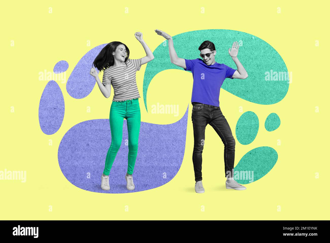 Collage illustration of two black white colors people enjoy have good ...