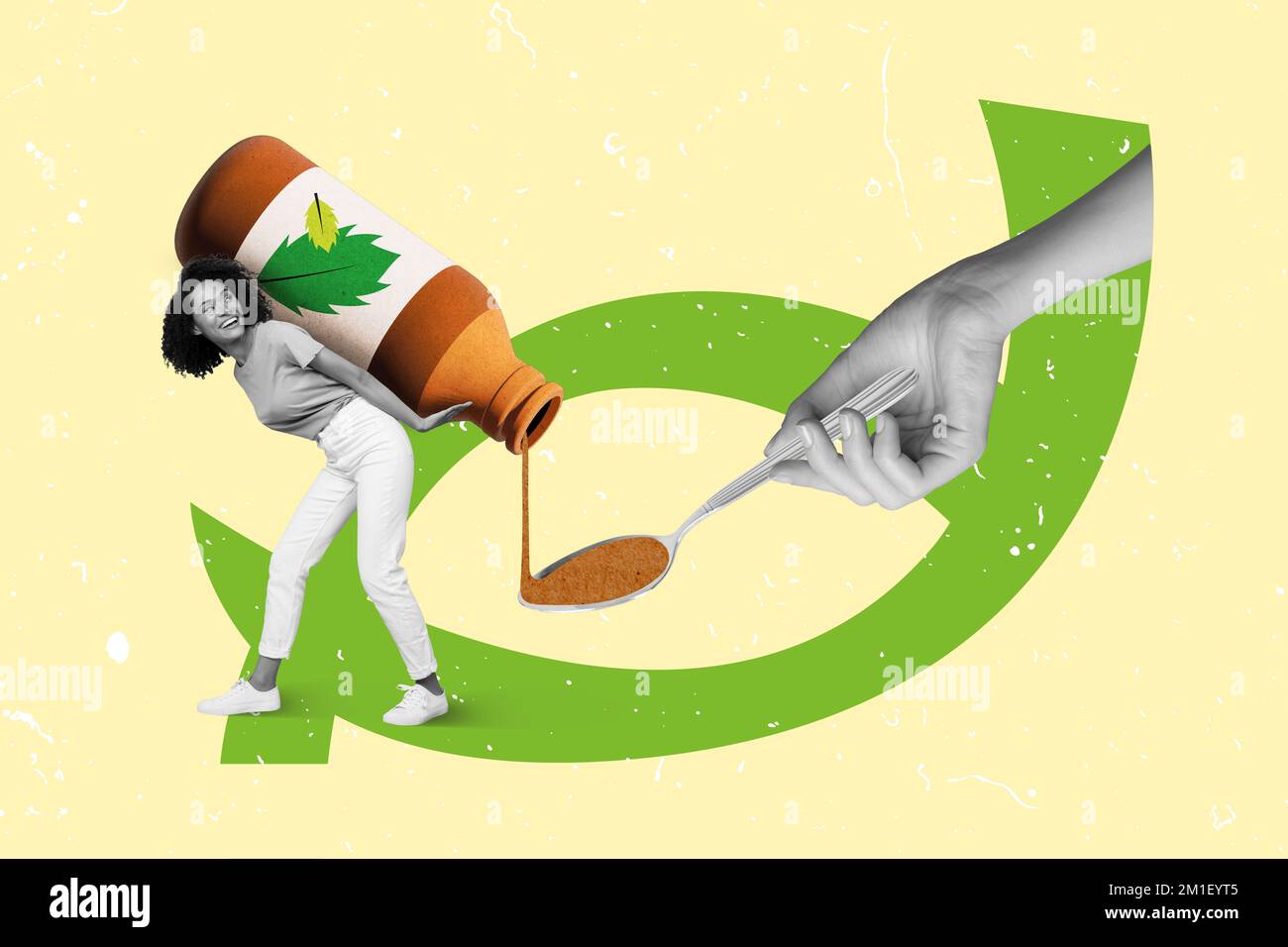 Collage photo of young woman hold bottle of maple syrup flavor liquid ...