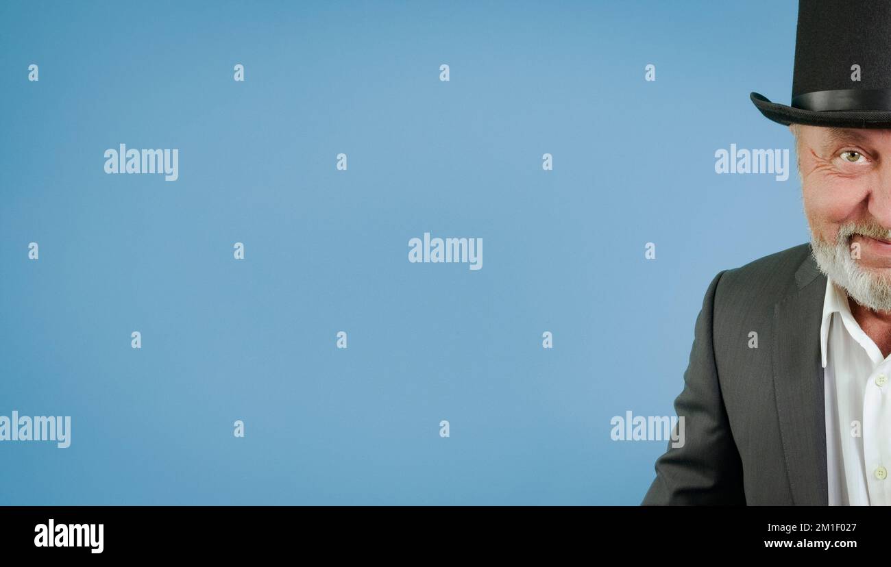 Banner for invitation with space for text. Portrait of an older man in ...