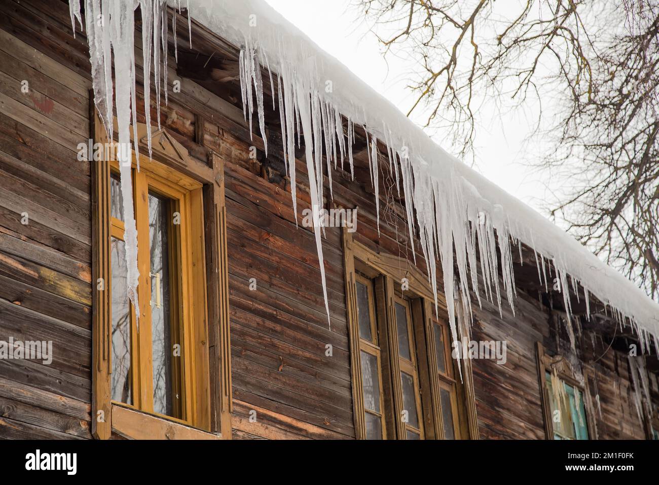 Sharp icicles hang on the edge of the roof, winter or spring. Log wall ...