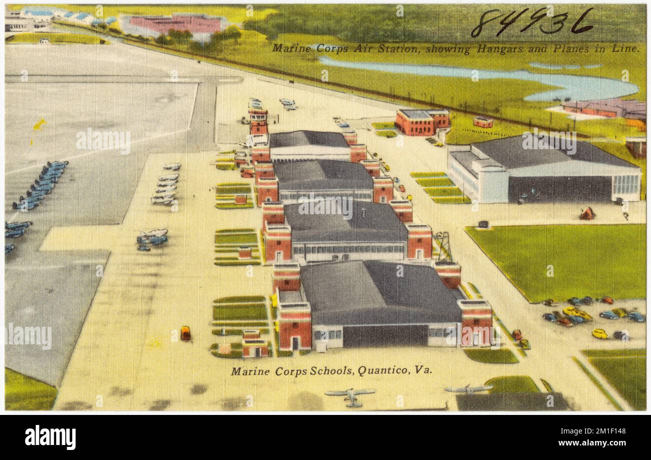 Marine Corps Air Station, showing hangars and planes in line, Marine ...
