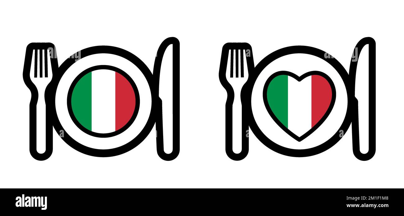 Plate, fork and knife for Italian dish. Cartoon chef cap symbol and ...