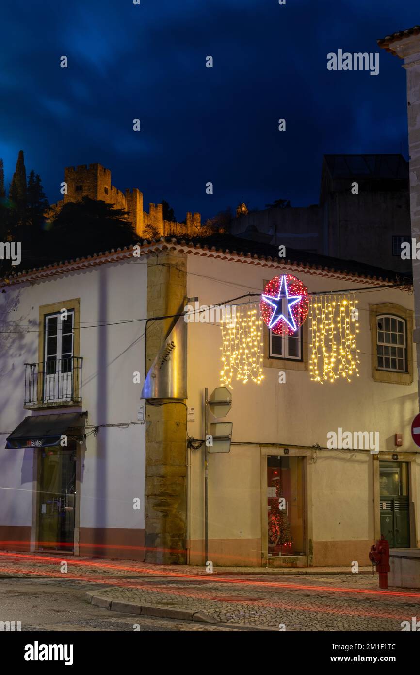 Templar castle at night with Christmas lights. Christmas in Tomar Stock ...