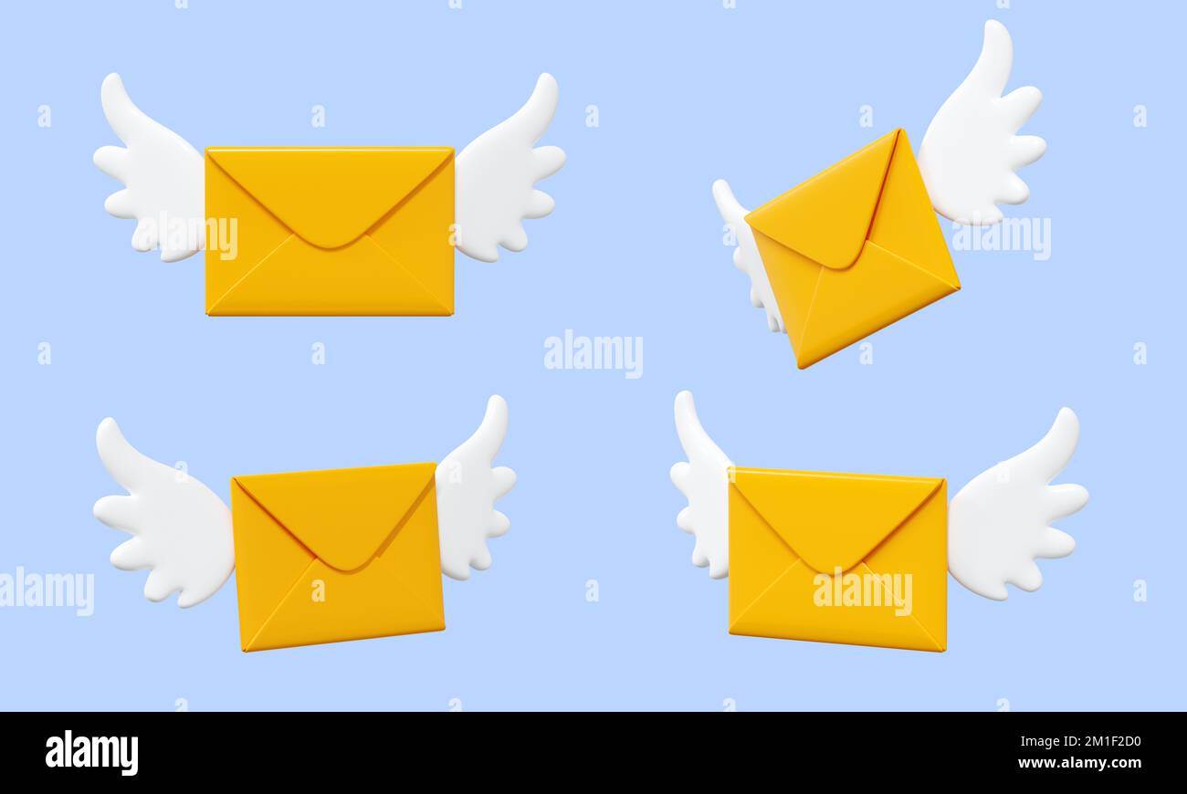 Flying letter with wings 3d render illustration. Cartoon winged paper ...