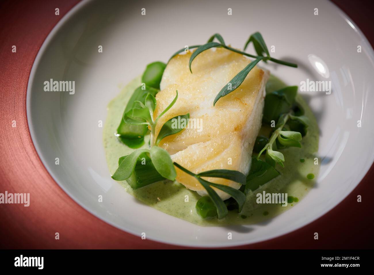 A closeup of a cooked fish garnished with aloe and greens in a puree ...