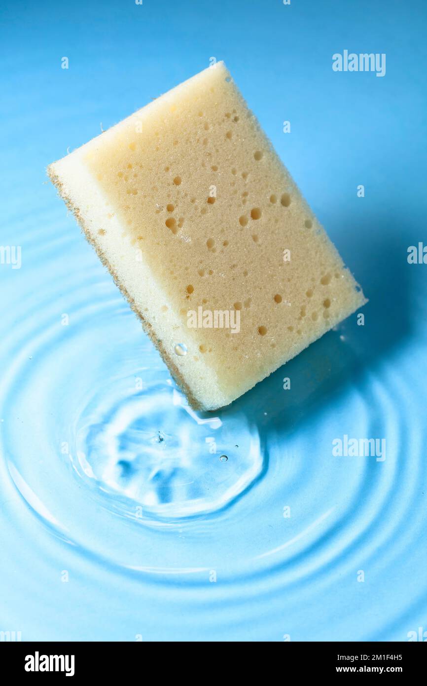 New and clean sponge falls into the water forming waves. Clean concept ...