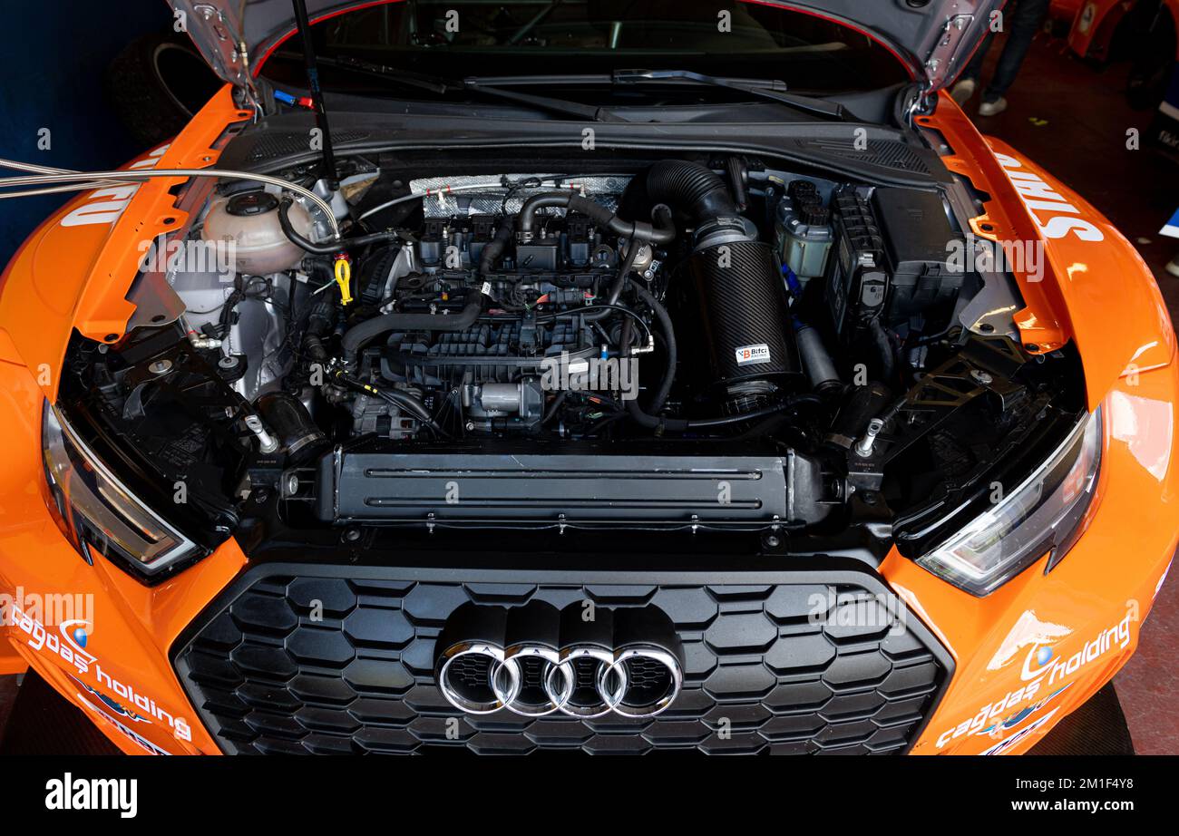 Touring car engine visible open hood front high angle view Audi RS3 ...