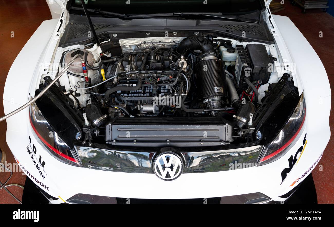 Touring car engine visible open hood front high angle view Volkswagen ...