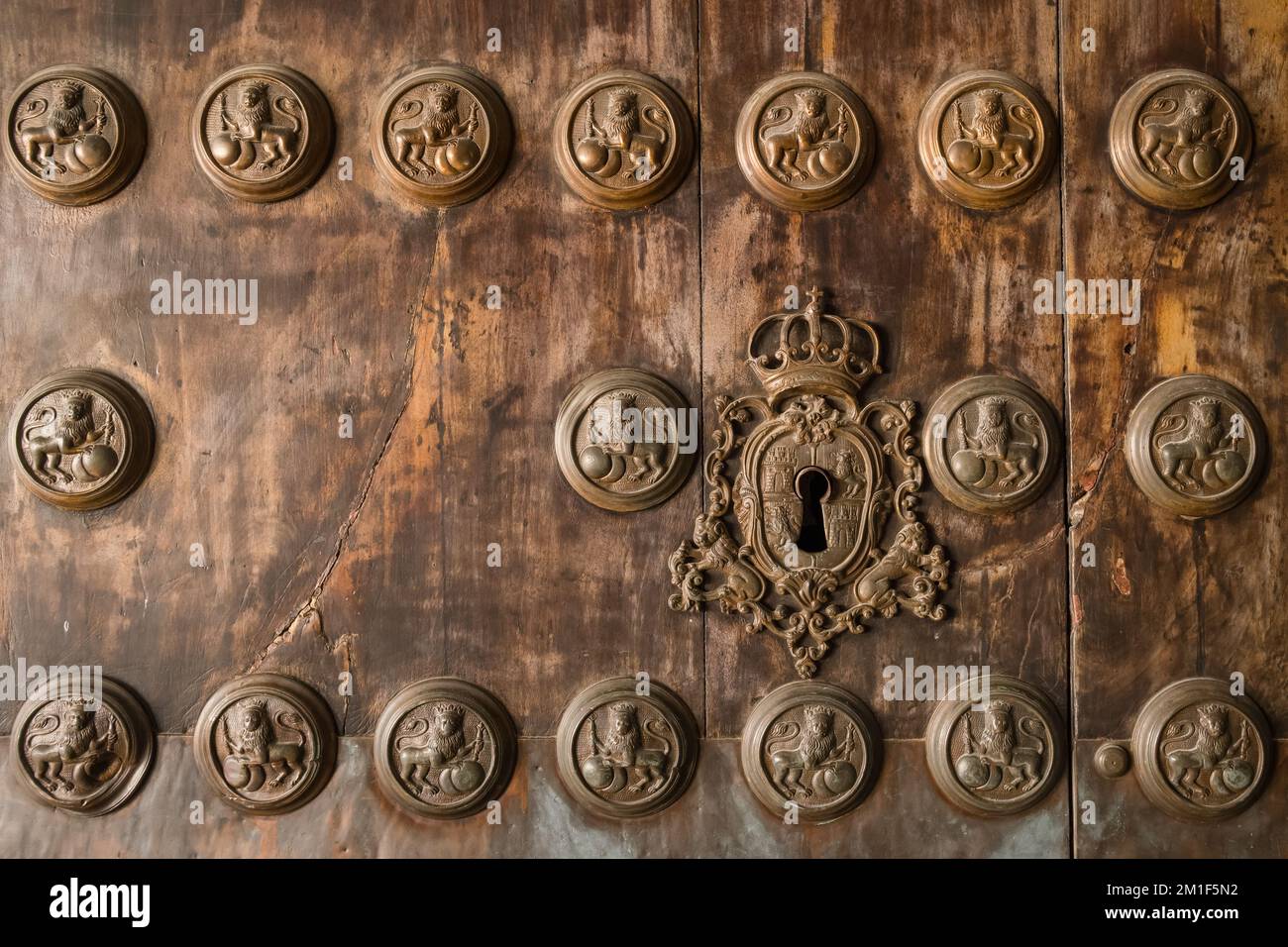 Medieval wooden door with bronze carved decoration with lions and ...