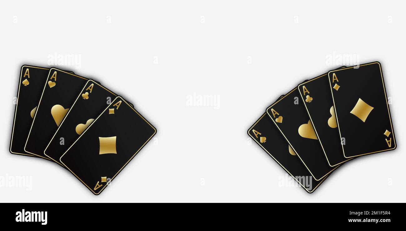A two fan of playing cards consisting of four black and golden Ace of ...