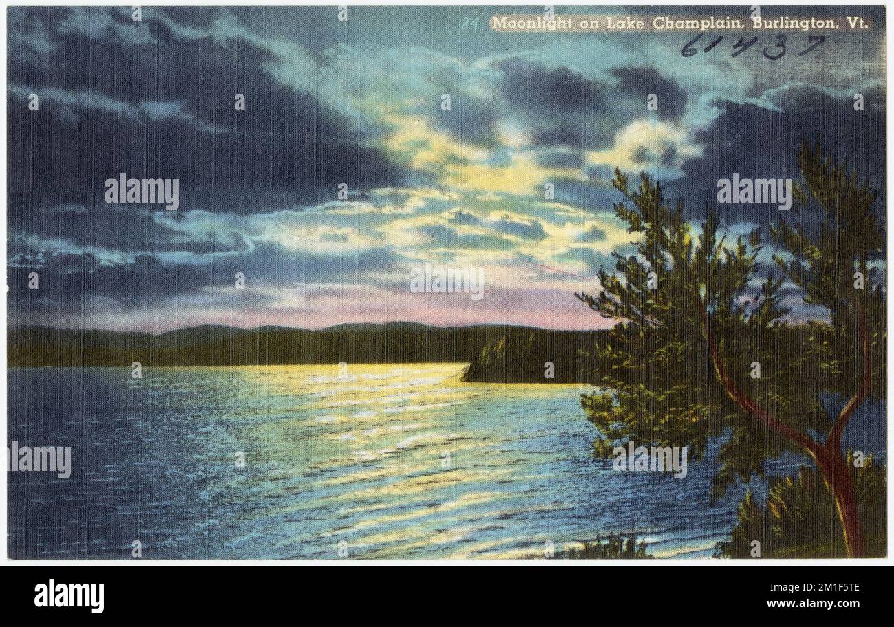 Moonlight on Lake Champlain, Burlington, Vt. , Lakes & ponds, Tichnor ...