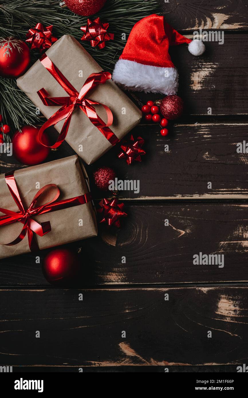 Christmass background gift boxes,red christmas tree toys,Santa hatn and ...