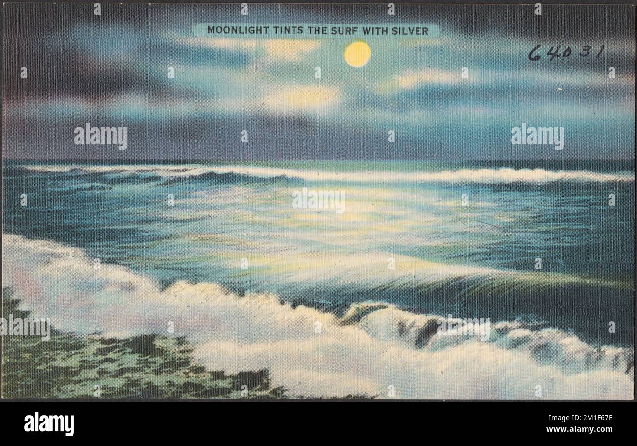 Moonlight tints the surf with silver , Seas, Moonlight, Tichnor ...