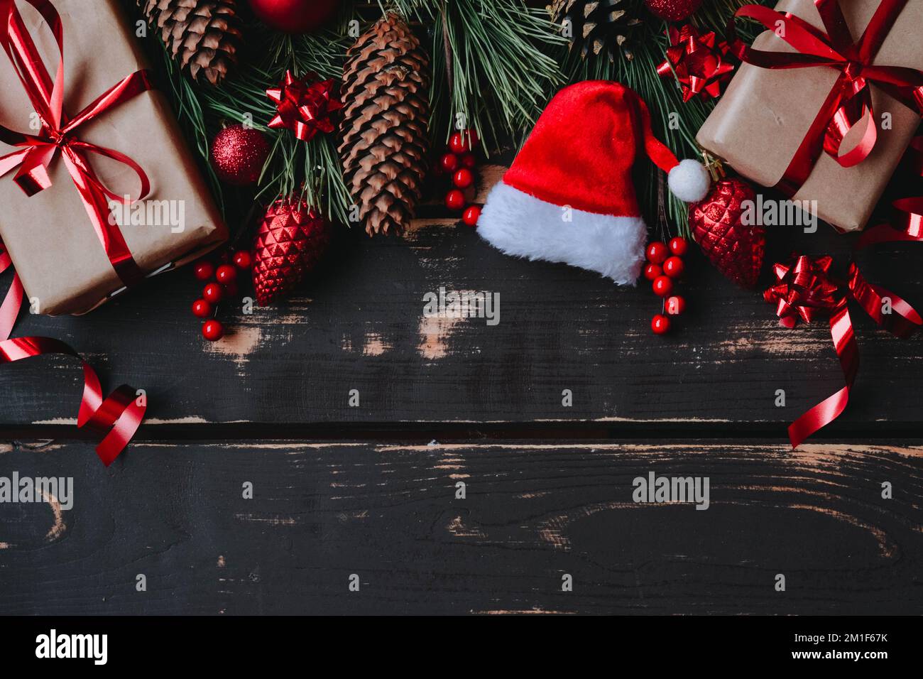 Christmass background gift boxes,red christmas tree toys,Santa hat and ...