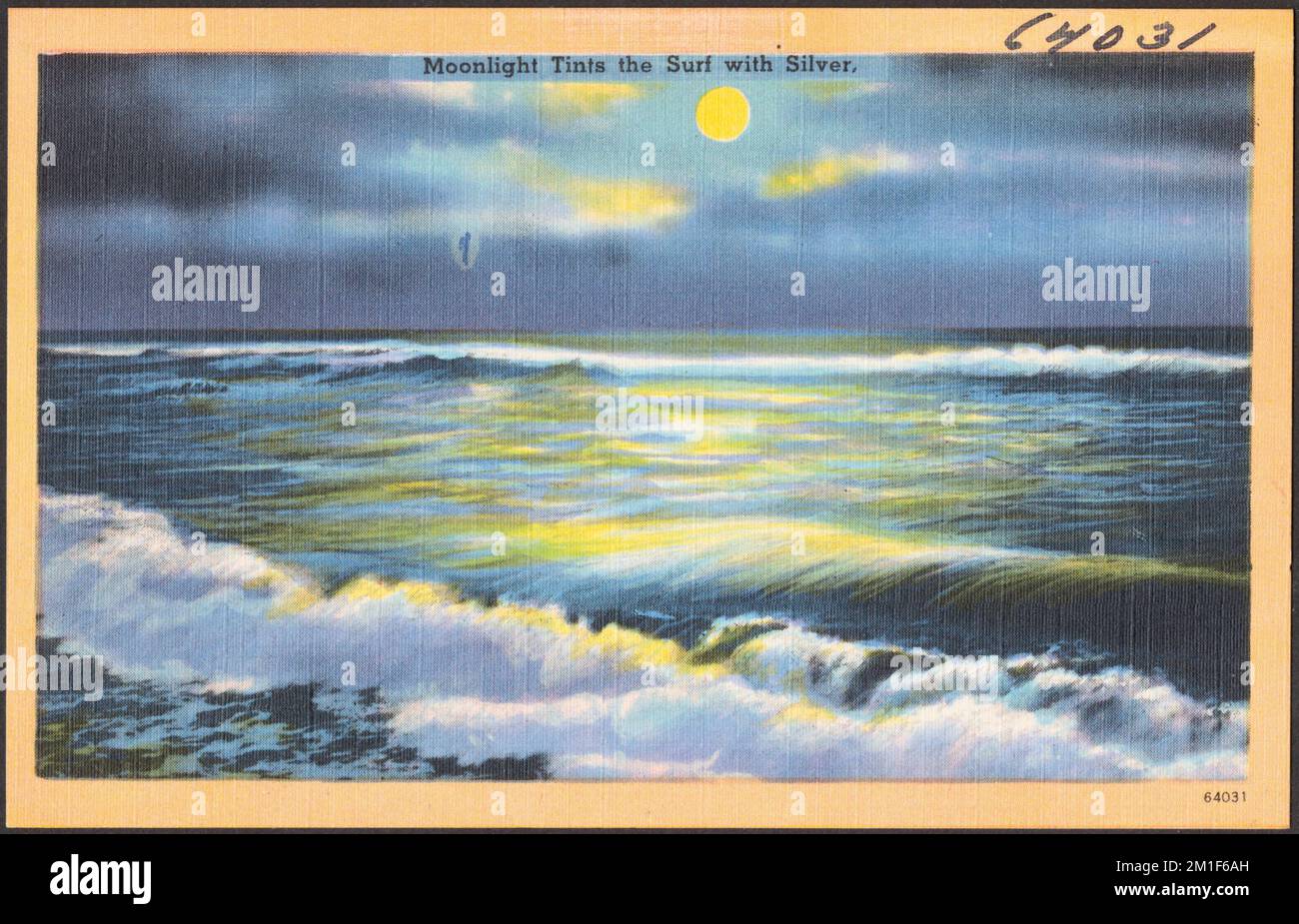 Moonlight tints the surf with silver , Seas, Moonlight, Tichnor ...