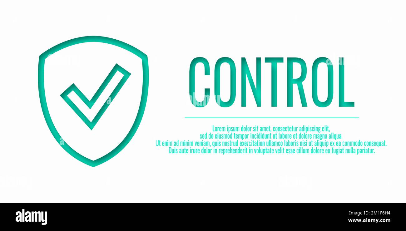Word CONTROL. Banner shield check mark icon. Place for your text. Cope ...