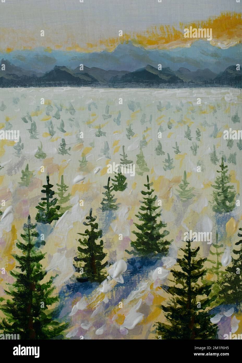 Oil painting meadow of Christmas fir trees on a sunny winter day art ...