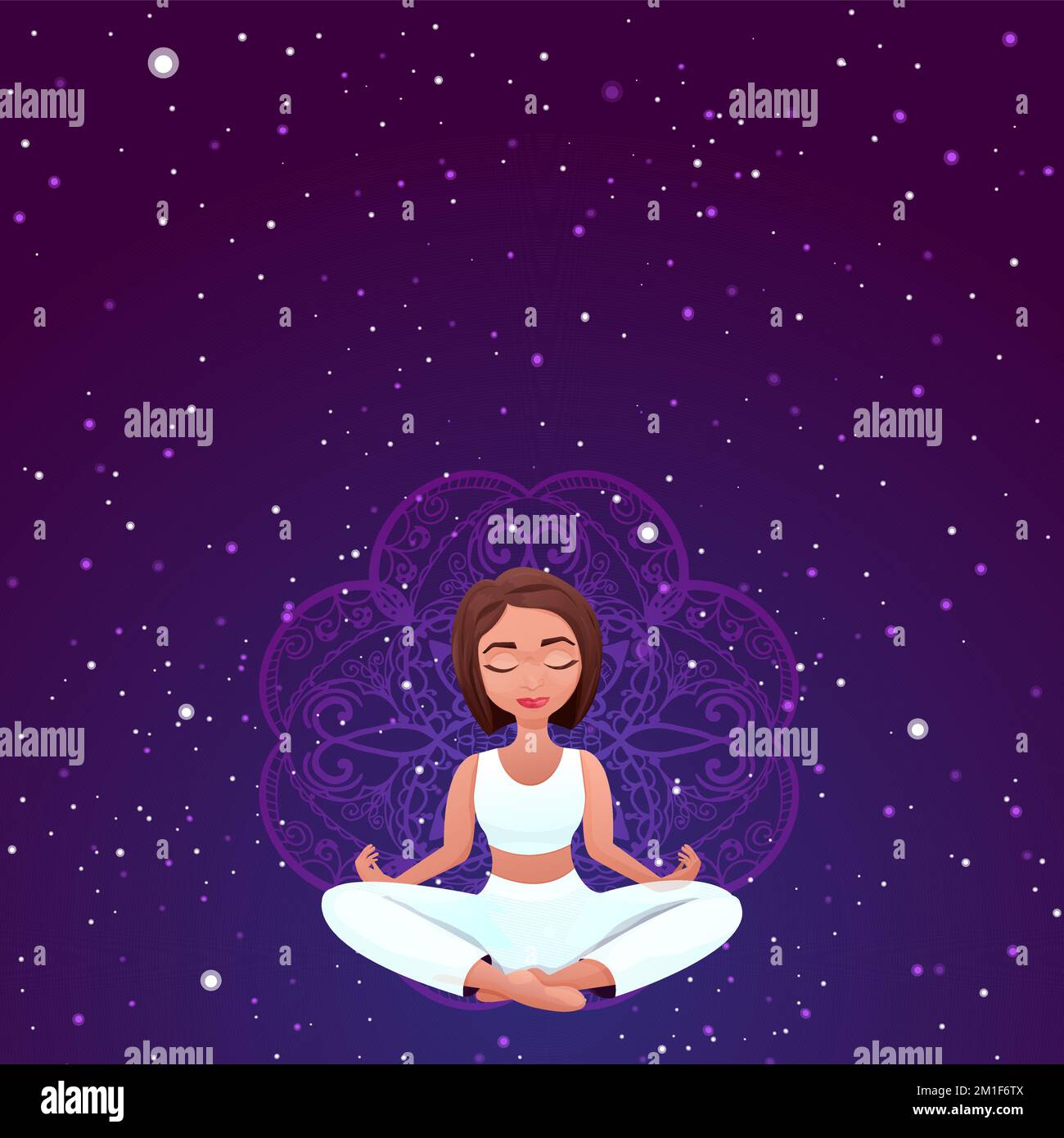 Meditation female character sitting in lotus pose, in cartoon style ...