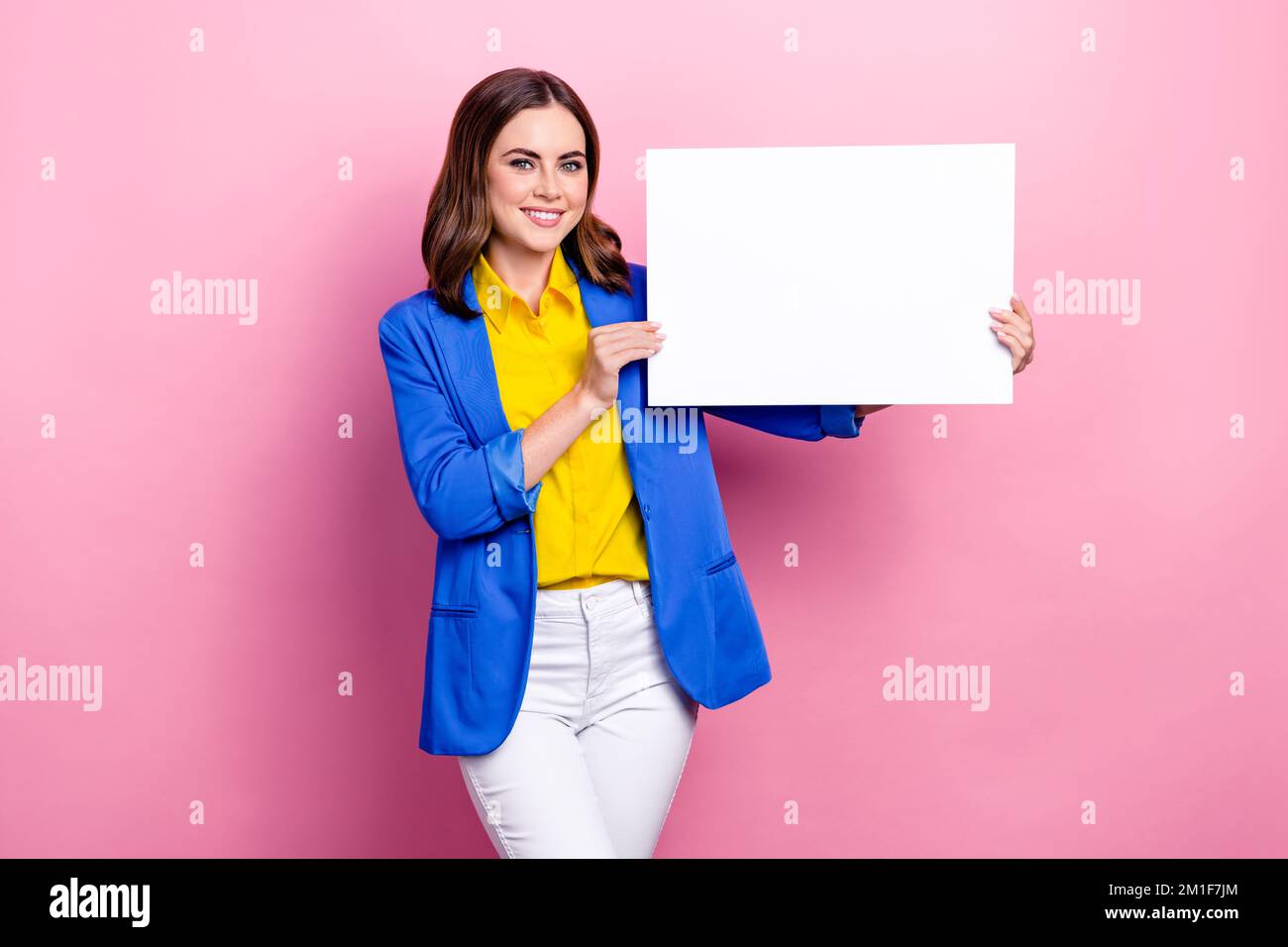 Photo of stunning gorgeous lady hand hold empty space world without war ...