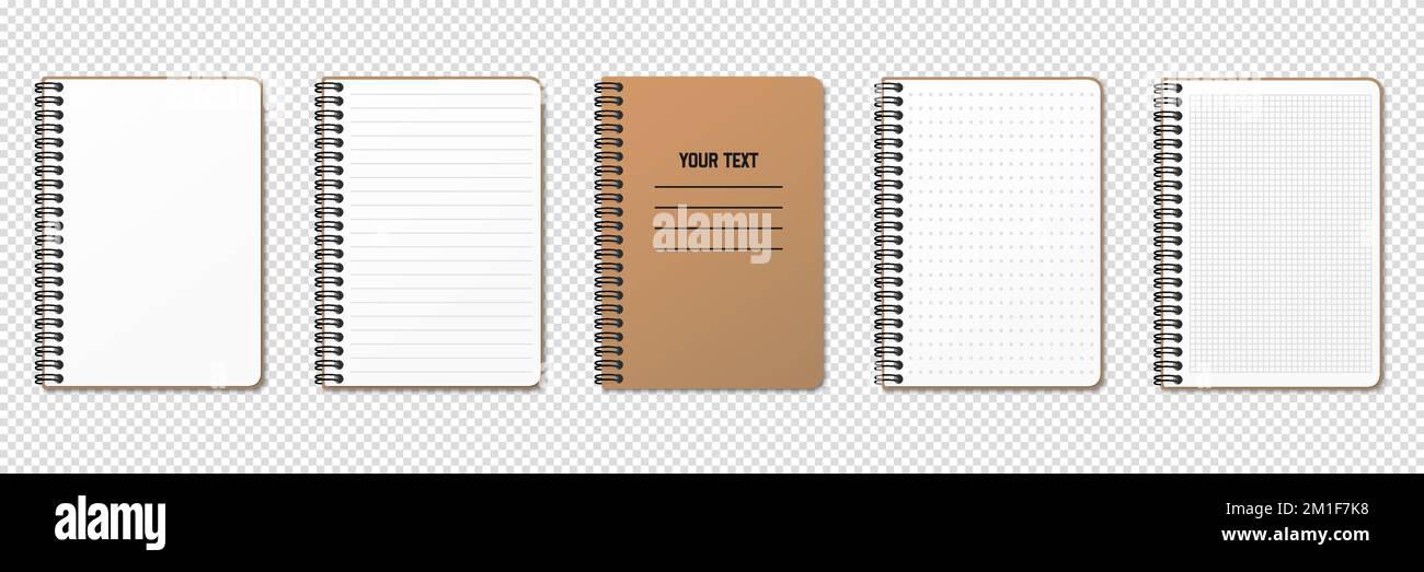 Realistic notepad. Lined, gridded and dotted sheets. Blank sheets of notebook with grid for ...