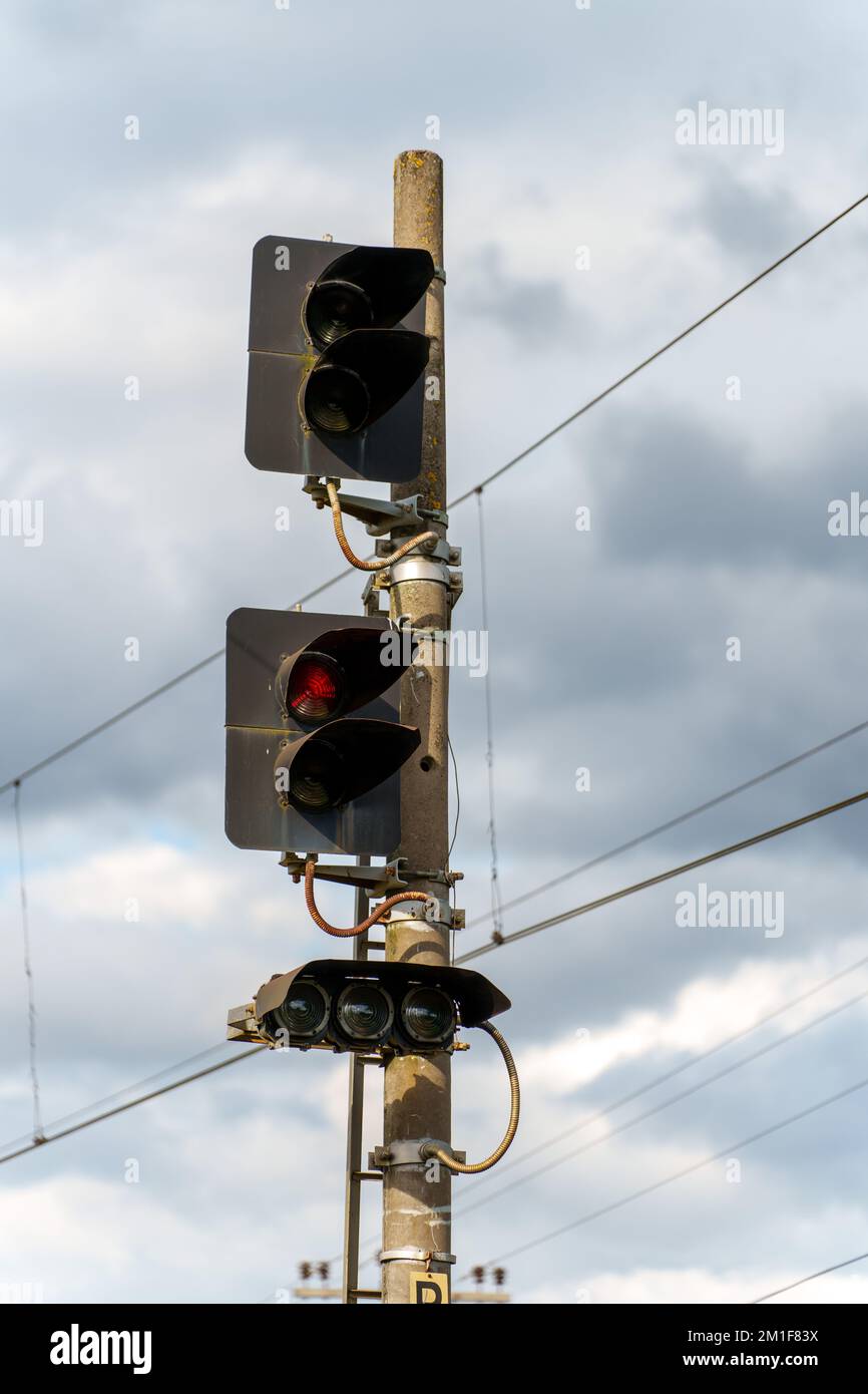 A vertical shot of signal lamps of electric trains Stock Photo - Alamy
