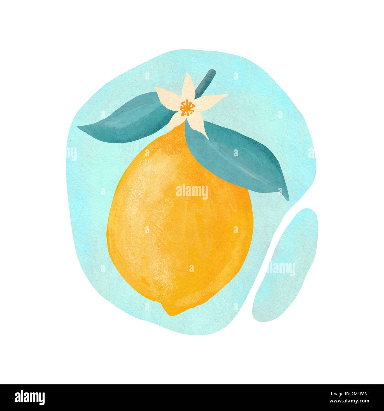 hand drawn illustration of yellow lemons with blue leaves turquoise ...