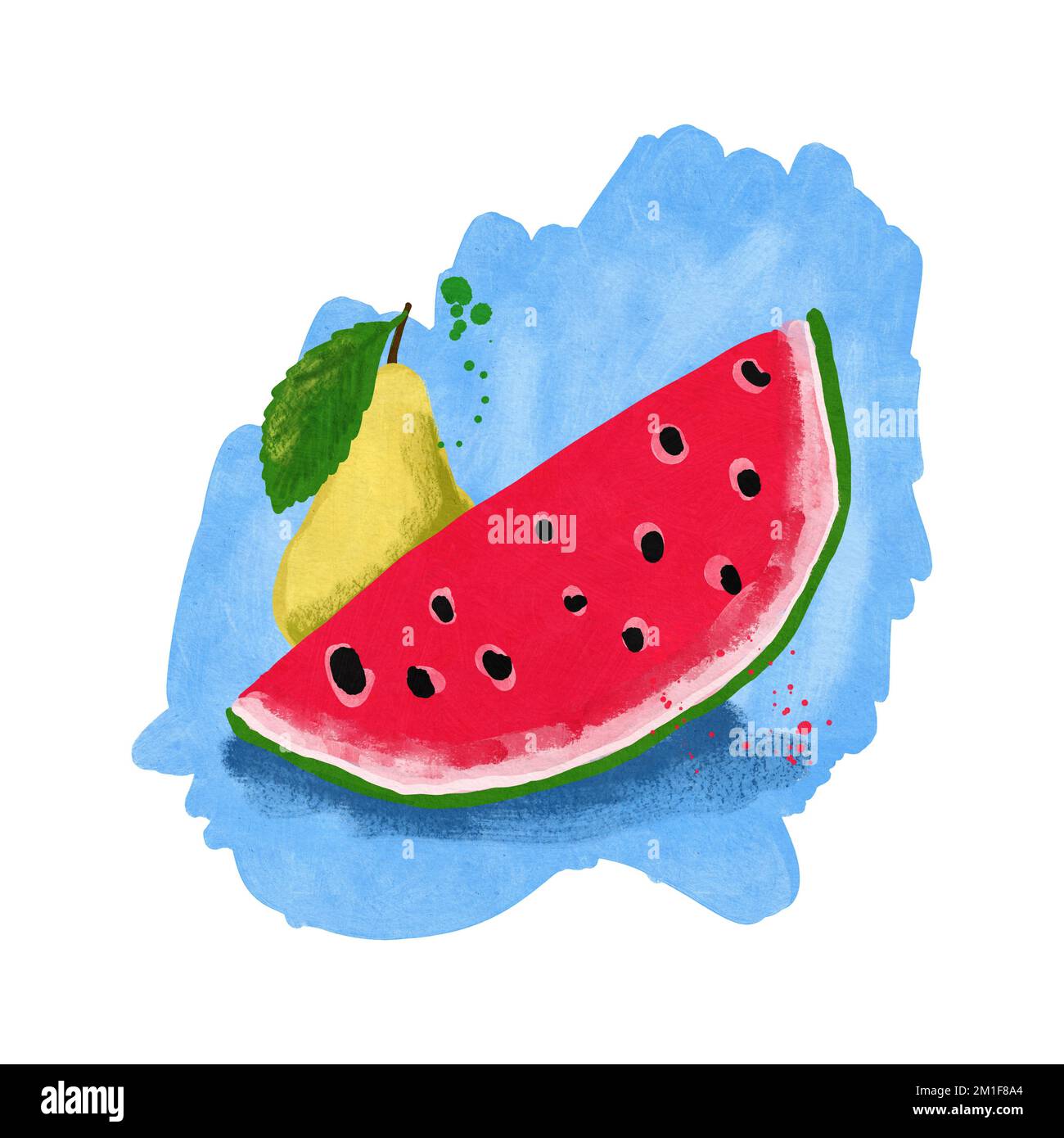 Hand drawn illustration still life of red watermelon yellow pear on ...