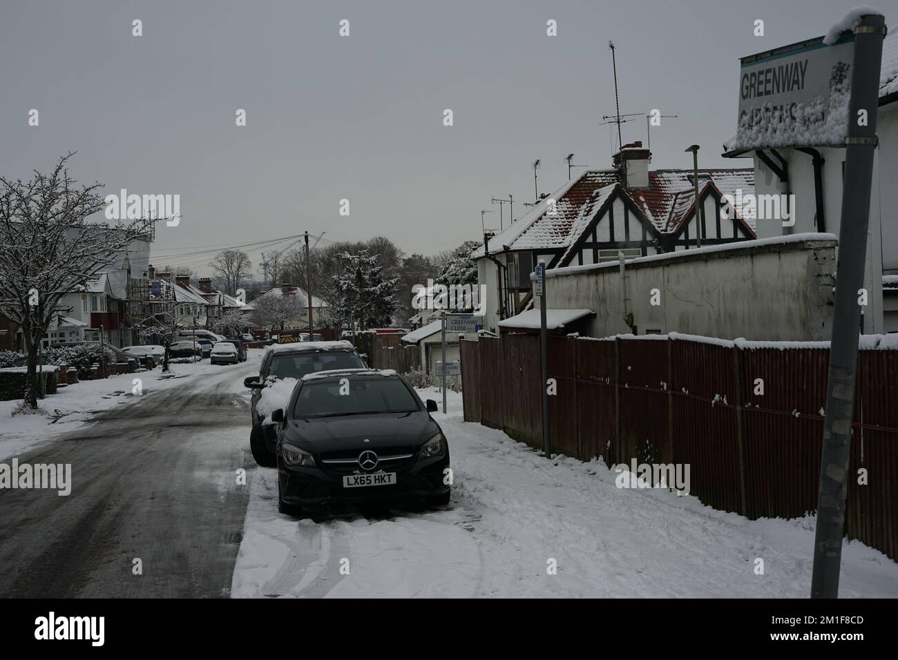 A snow-covered Greenway Gardens in Barnet, Colindale, London, England ...