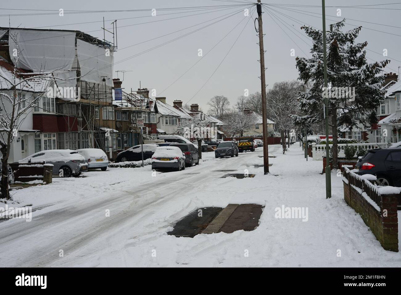 “The Greenway” covered in snow in Barnet, Colindale, London, England, U ...