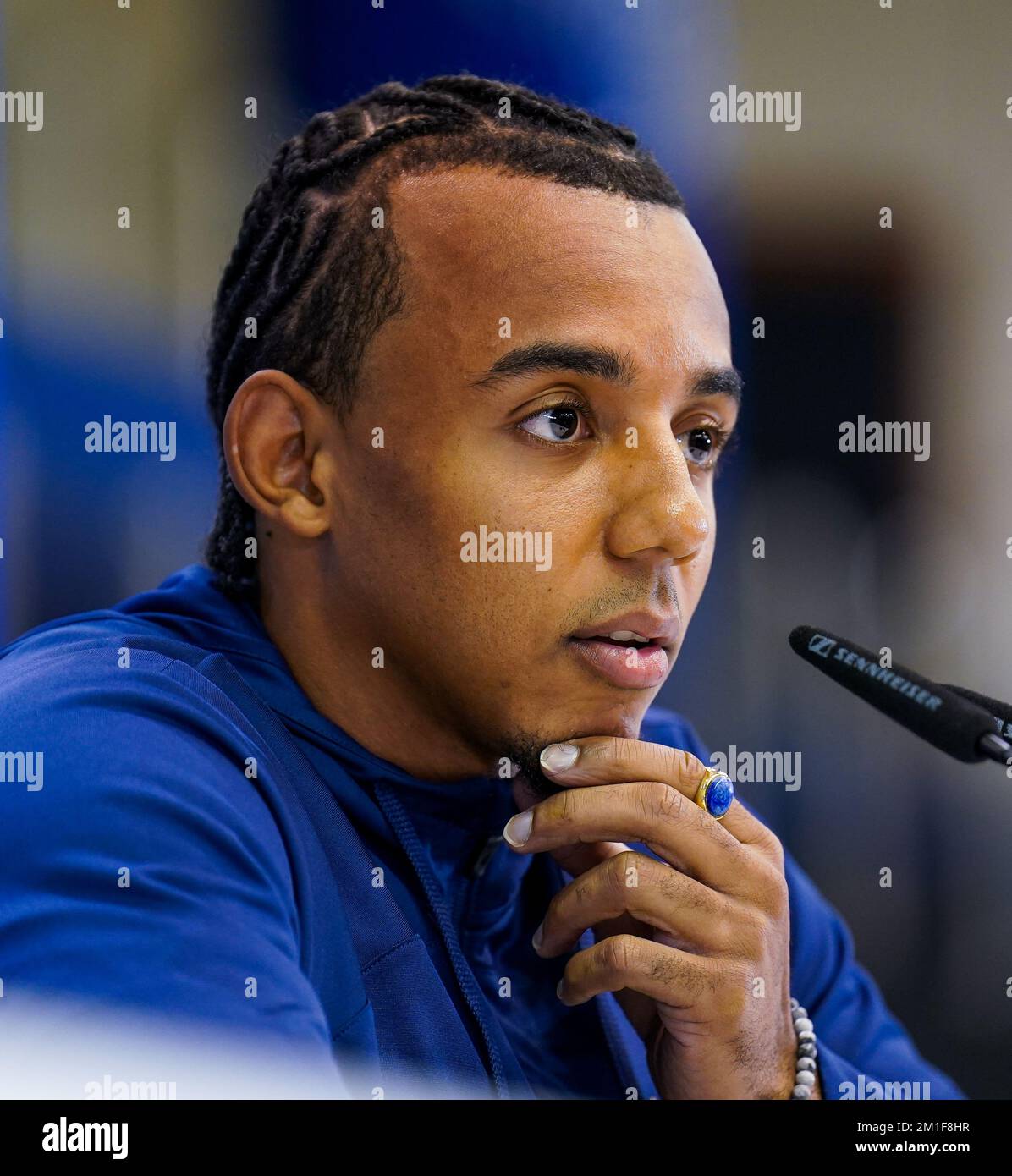 France's Jules Kunde during a press conference at the Al Sadd SC ...
