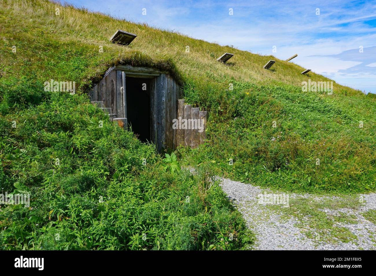 Norstead, Newfoundland, Canada: Entrance to a sod-roofed building at ...