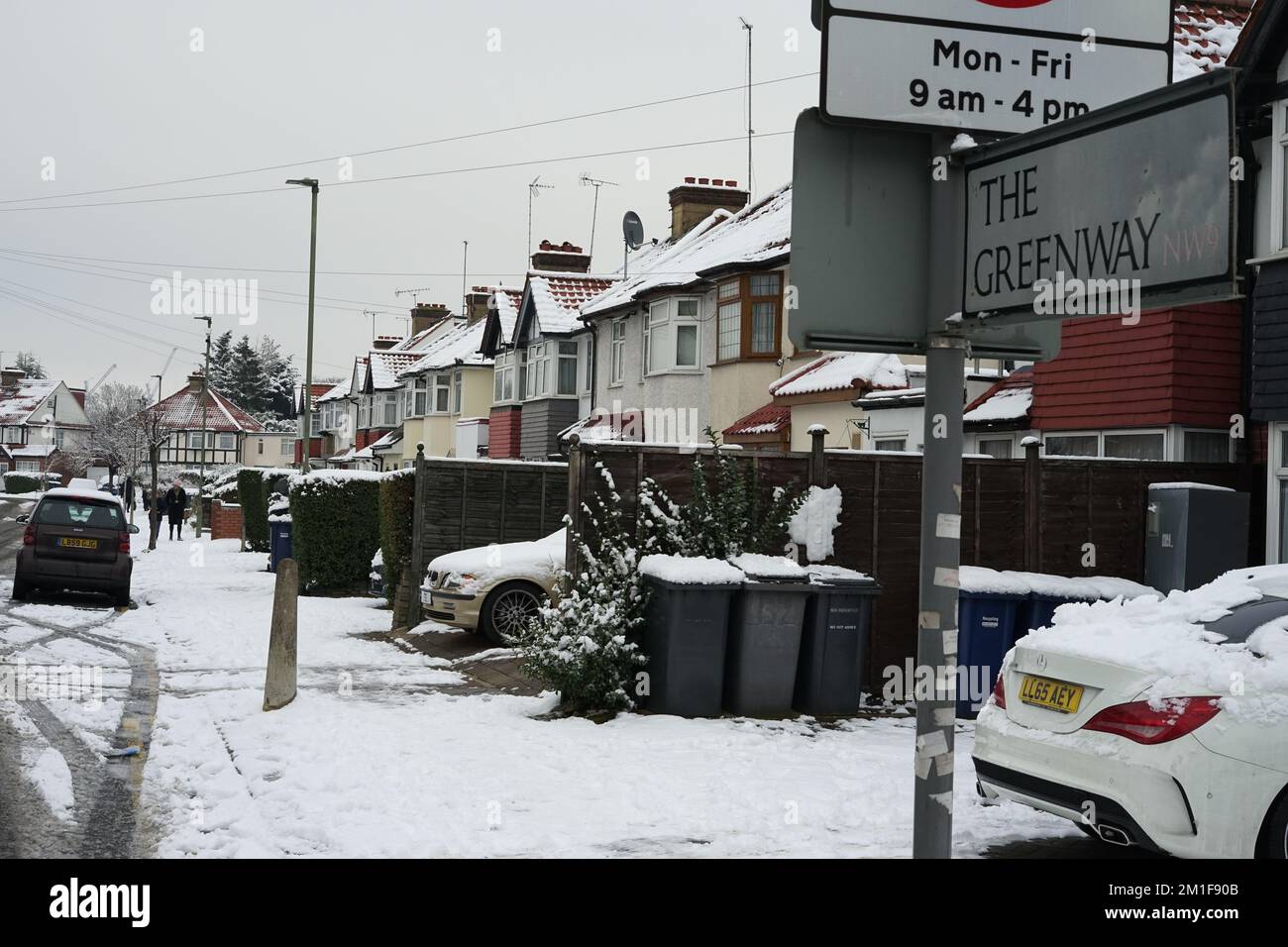 The Greenway” covered in snow in Barnet, Colindale, London, England, U ...