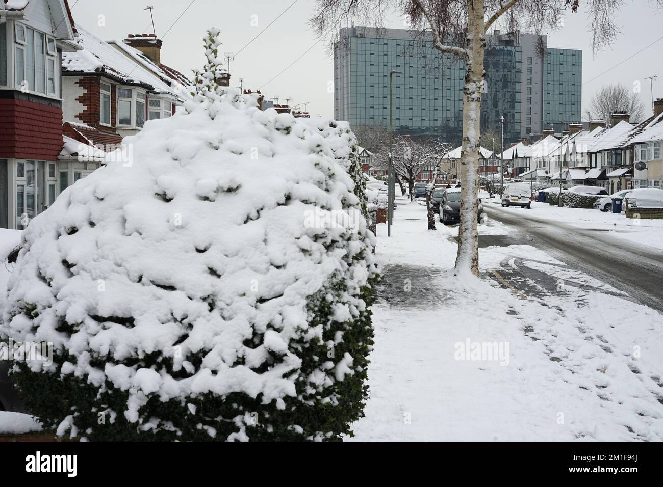 The Greenway covered in snow in Barnet, Colindale, London, England, U.K ...