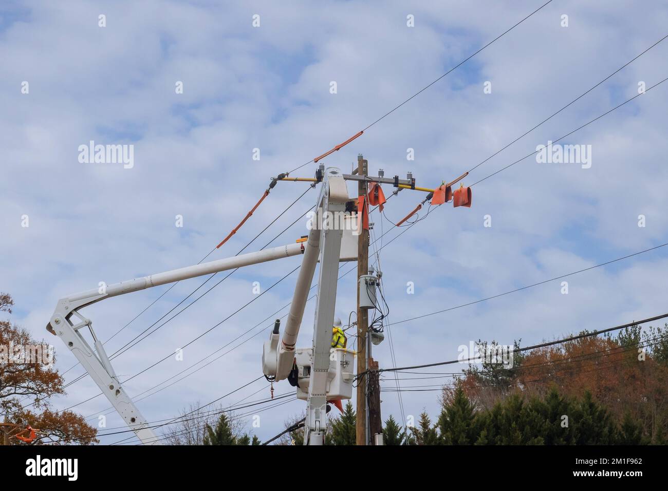 After hurricane of service men working power electrical lines support ...