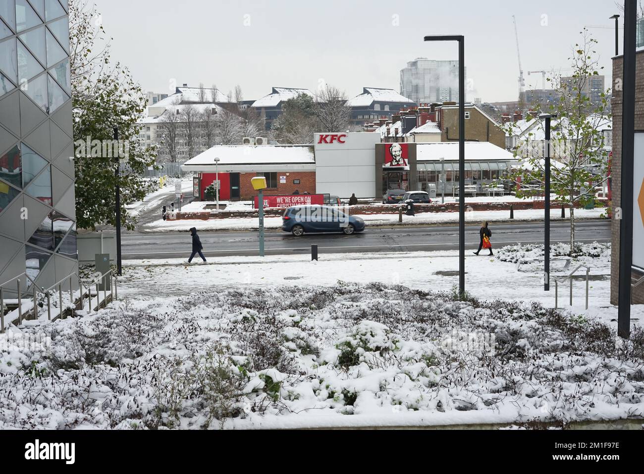 A snow covered Oriental Square, overlooking the Edgware Rd high street ...