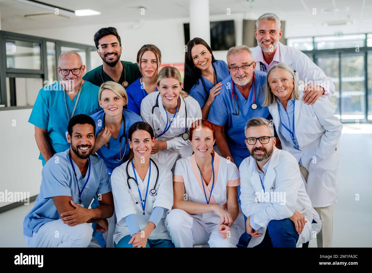 Portrait of happy doctors, nurses and other medical staff in hospital ...