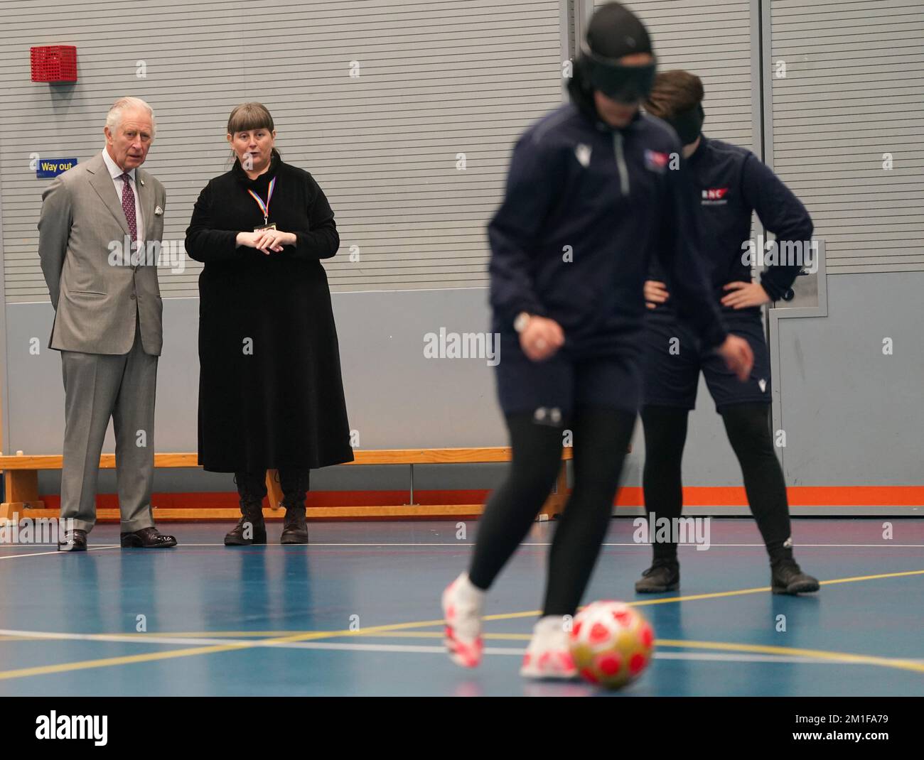 King Charles III watching a demonstration of blind football during his ...