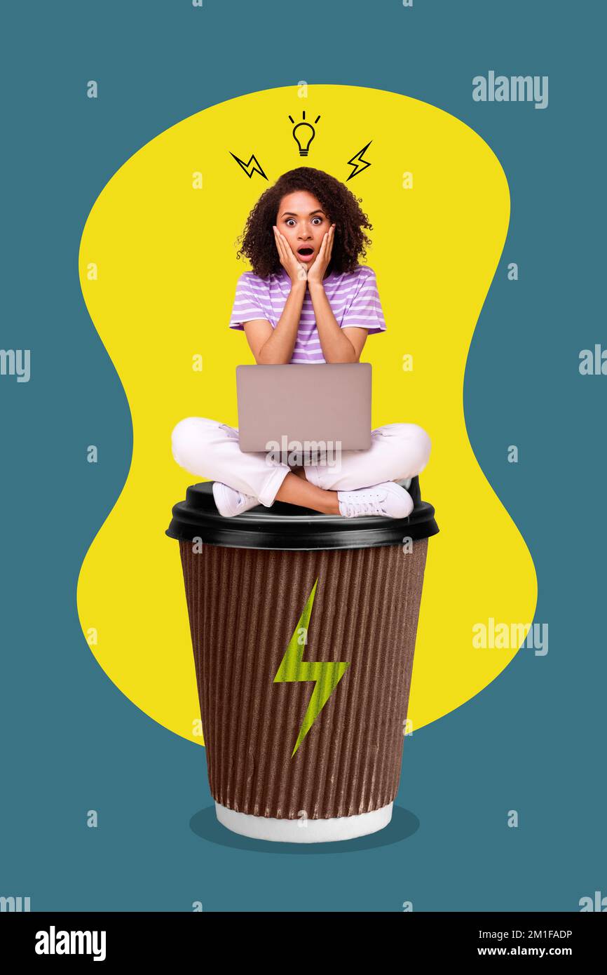 Collage 3d image of pinup pop retro sketch of impressed lady working ...