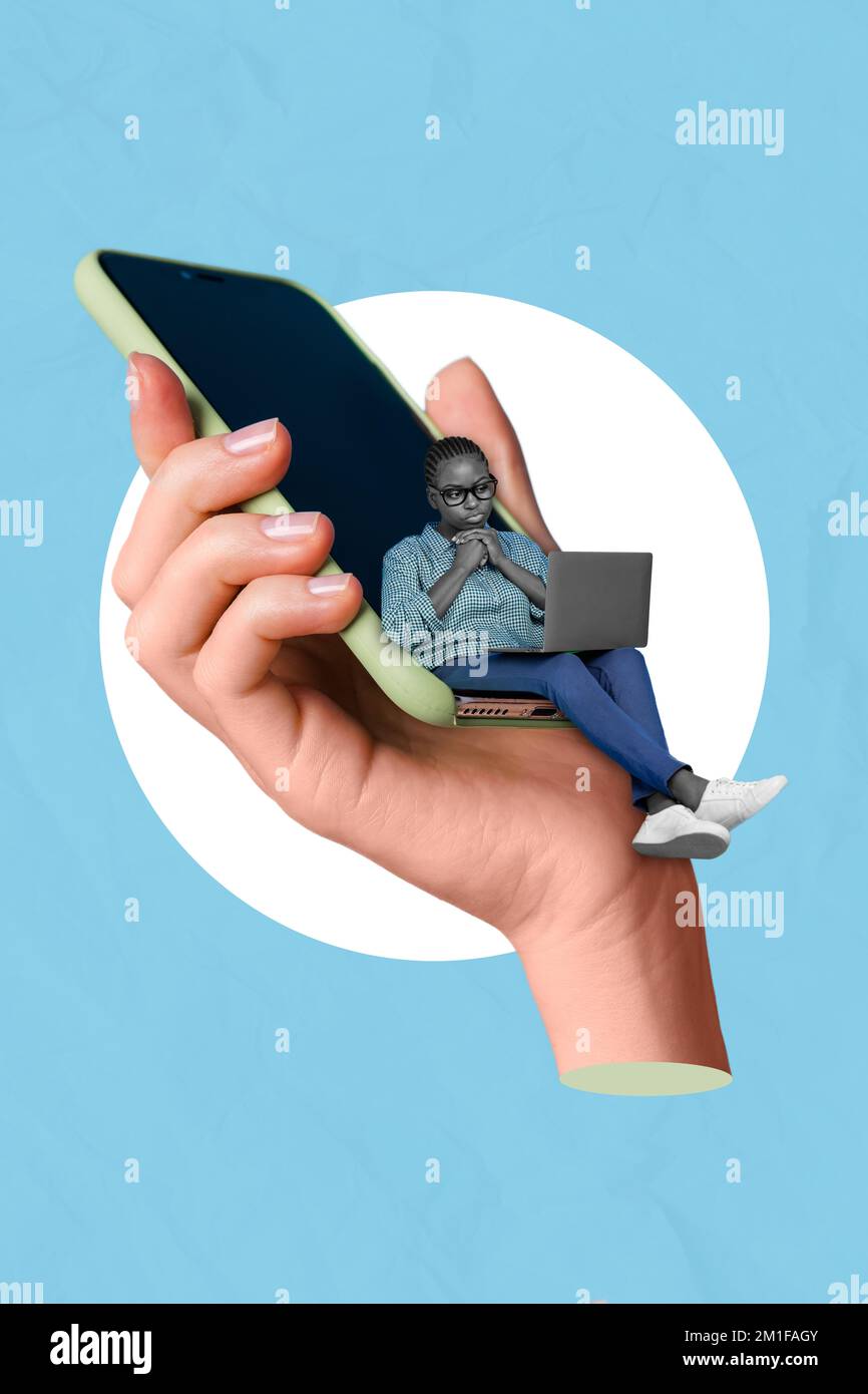 Artwork magazine collage picture of lady lady programmer working apple ...