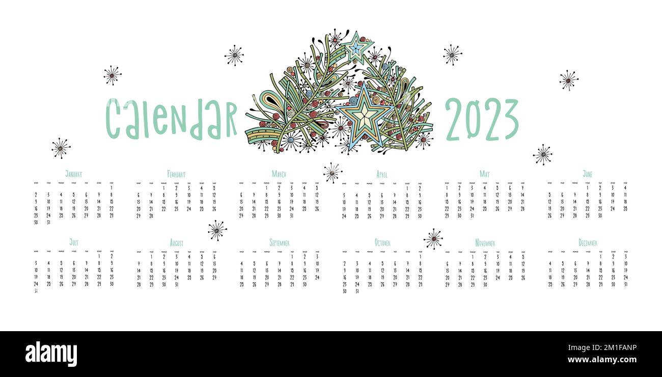 Calendar 2023 horizontal poster, doodle stylized stars decoration and ...