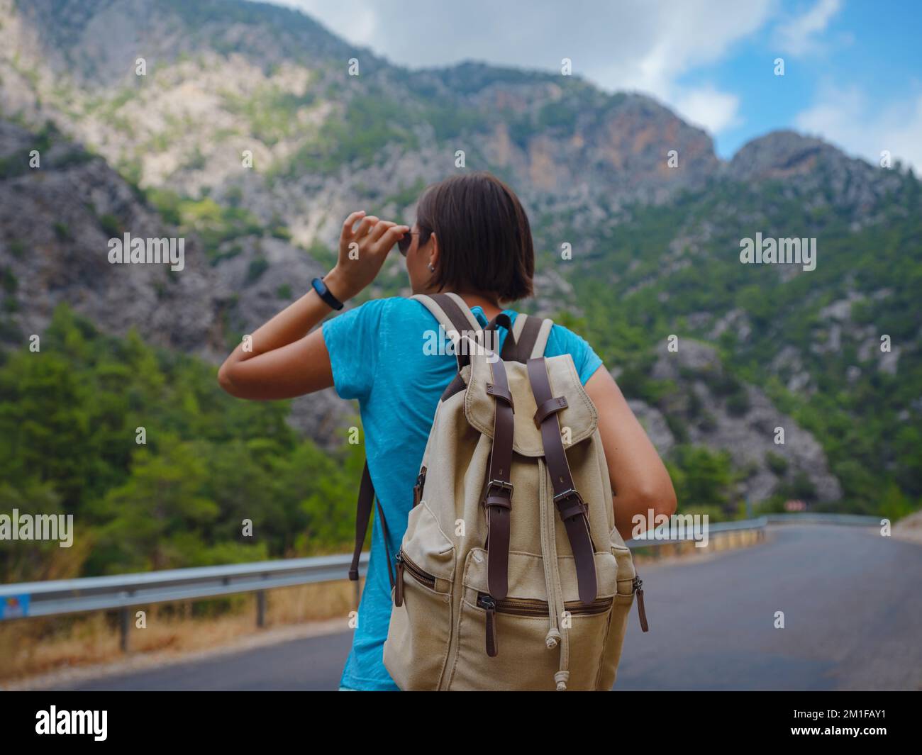 Tourist with backpack hike , Turkey travel, mediterranean area on a ...